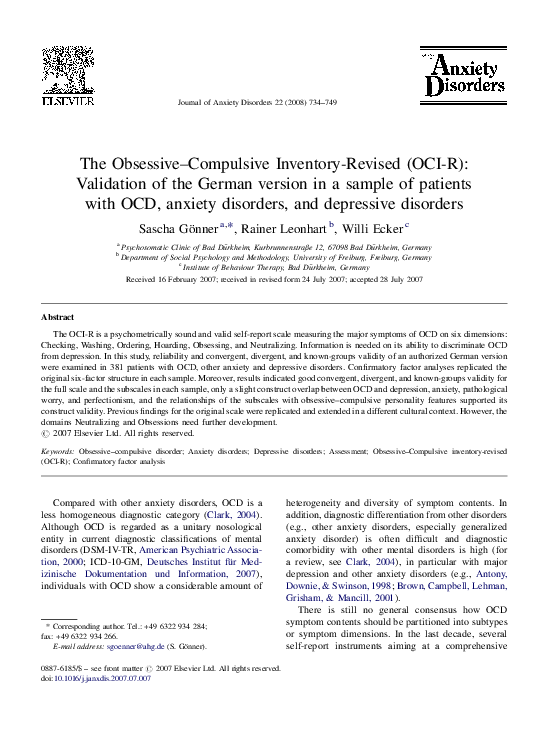 (PDF) The Obsessive–Compulsive Inventory-Revised (OCI-R): Validation of the German version in a ...