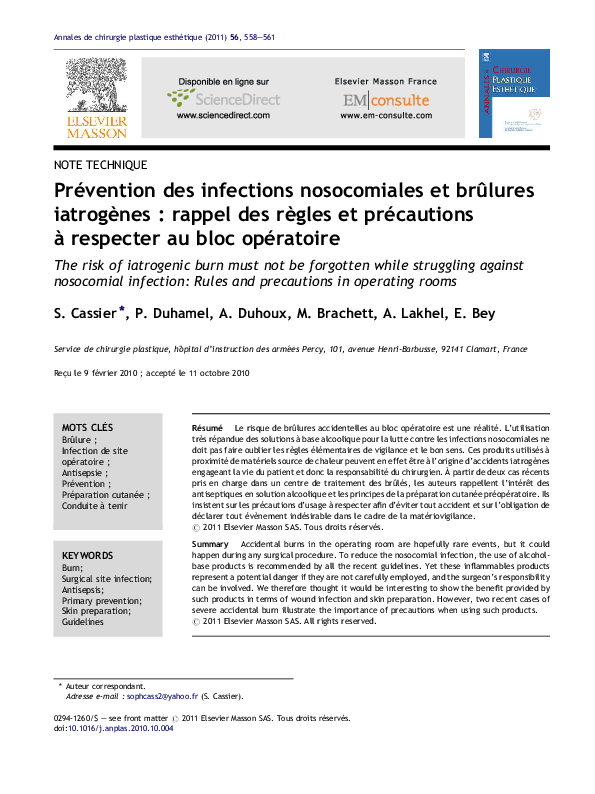 (PDF) Prévention des infections nosocomiales et brûlures iatrogènes : rappel des règles et ...
