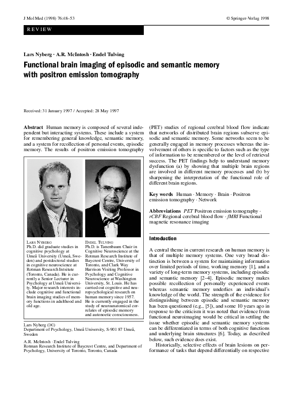 (PDF) Functional brain imaging of episodic and semantic memory with positron emission tomography