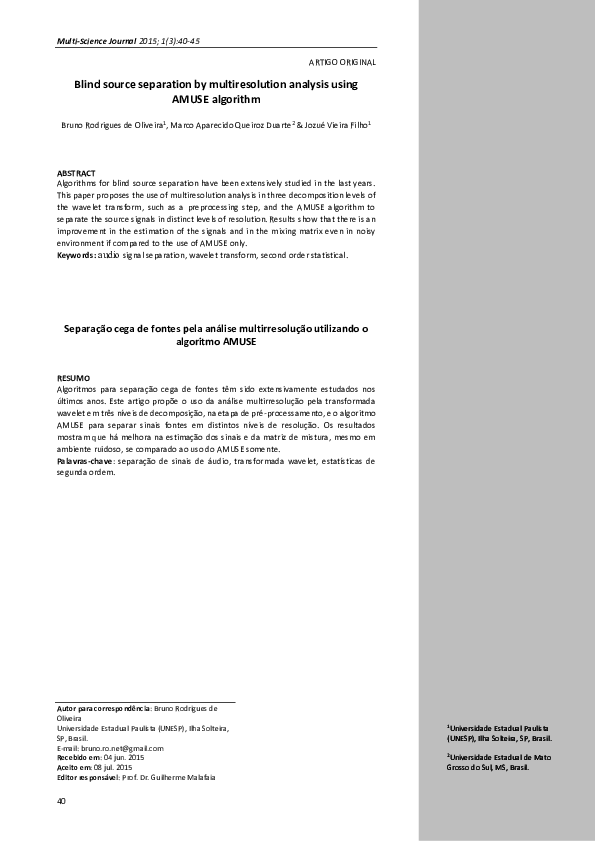 Pdf Blind Source Separation By Multiresolution Analysis Using Amuse Algorithm 