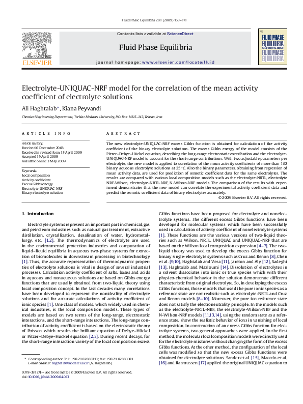 (PDF) Electrolyte-UNIQUAC-NRF Model for the Correlation of the Mean ...
