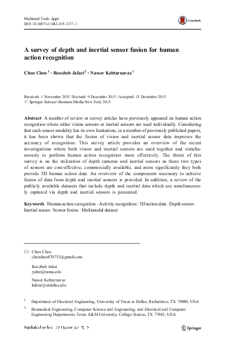 Pdf A Survey Of Depth And Inertial Sensor Fusion For Human Action Recognition