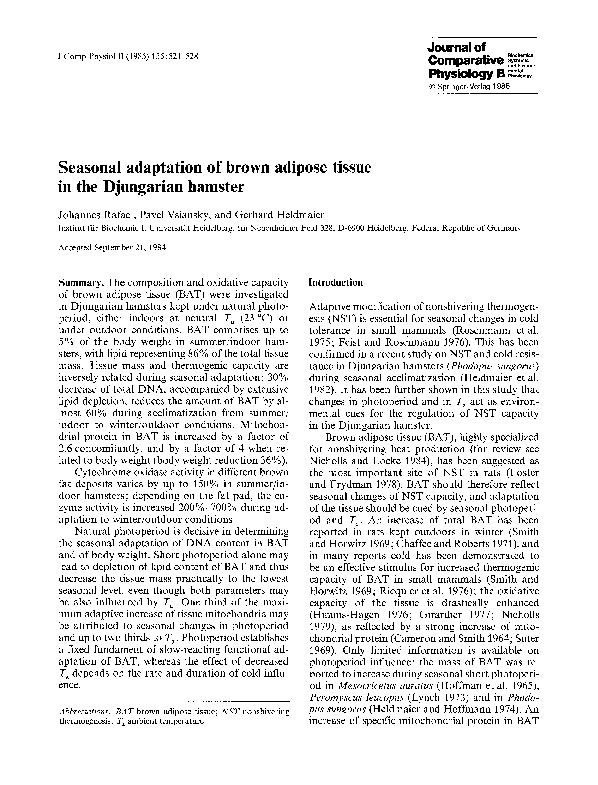 (PDF) Seasonal adaptation of brown adipose tissue in the Djungarian hamster