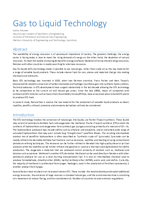 (PDF) Gas to Liquid Technology