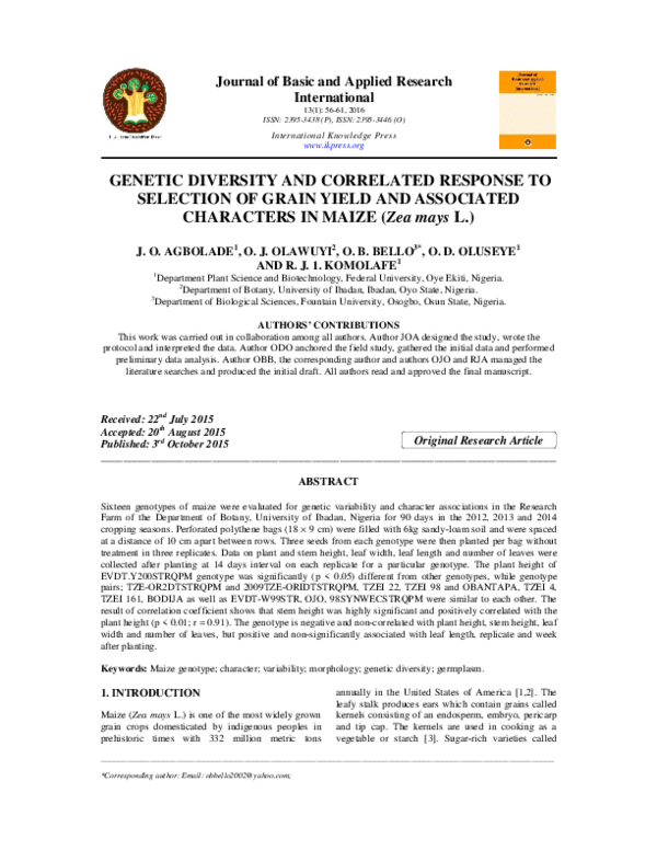 Pdf Estimation Of Genetic Parameters For Yield And Kernel Iron And