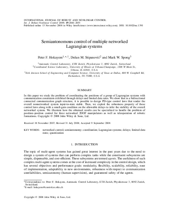 (PDF) Semiautonomous control of multiple networked Lagrangian systems