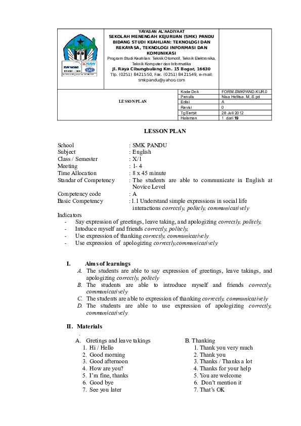 (DOC) Lesson Plan semester 1