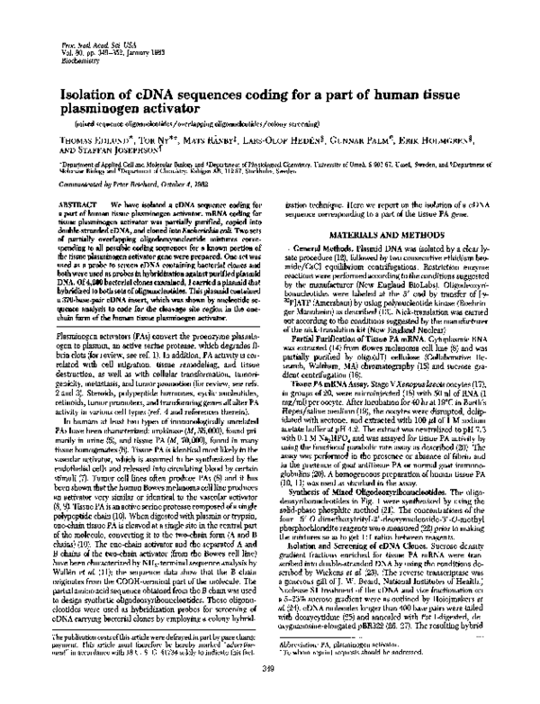 Pdf Isolation Of Cdna Sequences Coding For A Part Of Human Tissue Plasminogen Activator