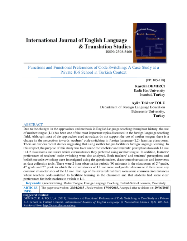 (PDF) Functions and Functional Preferences of Code Switching: A Case Study at a Private K-8 ...