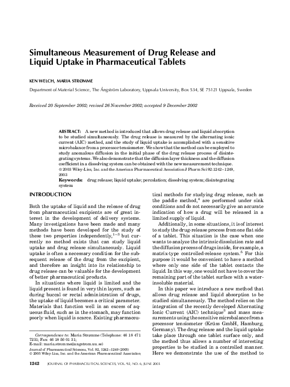(PDF) Simultaneous measurement of drug release and liquid uptake in ...