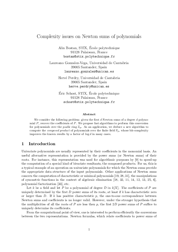 (PDF) Complexity issues on Newton sums of polynomials