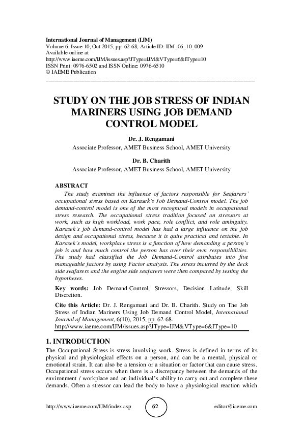 (PDF) STUDY ON THE JOB STRESS OF INDIAN MARINERS USING JOB DEMAND ...