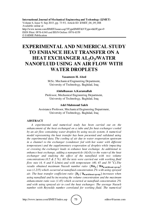 (PDF) EXPERIMENTAL AND NUMERICAL STUDY TO ENHANCE HEAT TRANSFER ON A ...