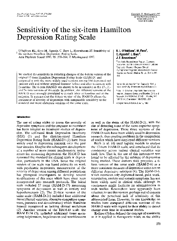 (PDF) Sensitivity of the six-item Hamilton Depression Rating Scale