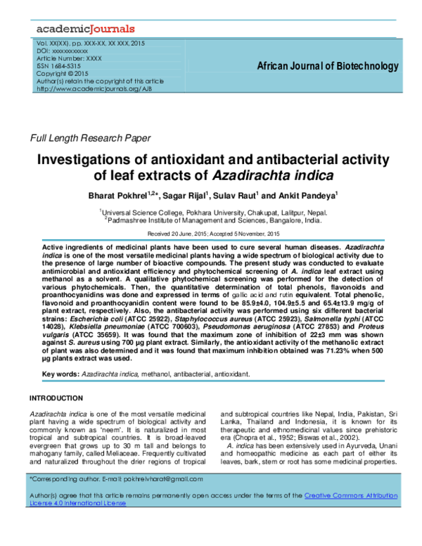 (PDF) Investigations of antioxidant and antibacterial activity of leaf extracts of Azadirachta ...