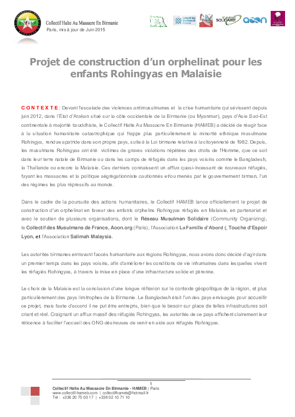 (PDF) Construction d'un Orphelinat dédié aux réfugiés birmans en Malaisie