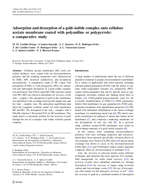 (PDF) Adsorption and desorption of a gold–iodide complex onto cellulose acetate membrane coated ...