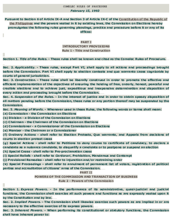 (DOC) COMELEC Rules of Procedure