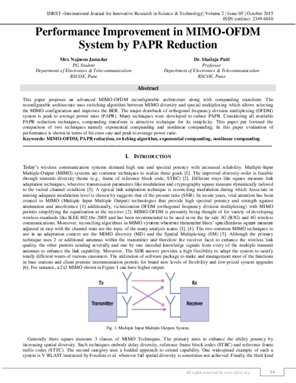 Pdf Performance Improvement In Mimo Ofdm System By Papr Reduction