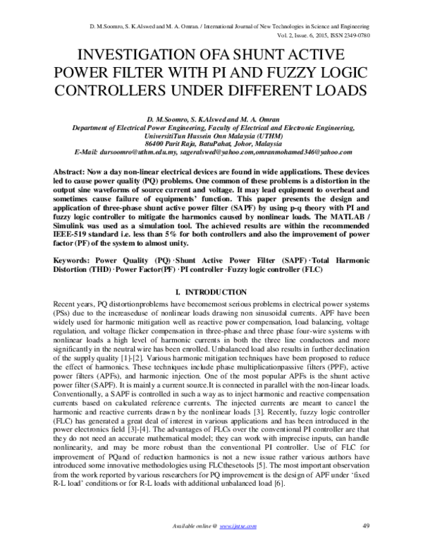Pdf Investigation Ofa Shunt Active Power Filter With Pi And Fuzzy Logic Controllers Under