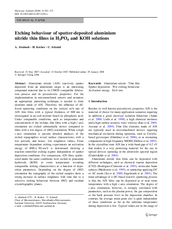 (PDF) Etching behaviour of sputter-deposited aluminium nitride thin films in H3PO4 and KOH solutions