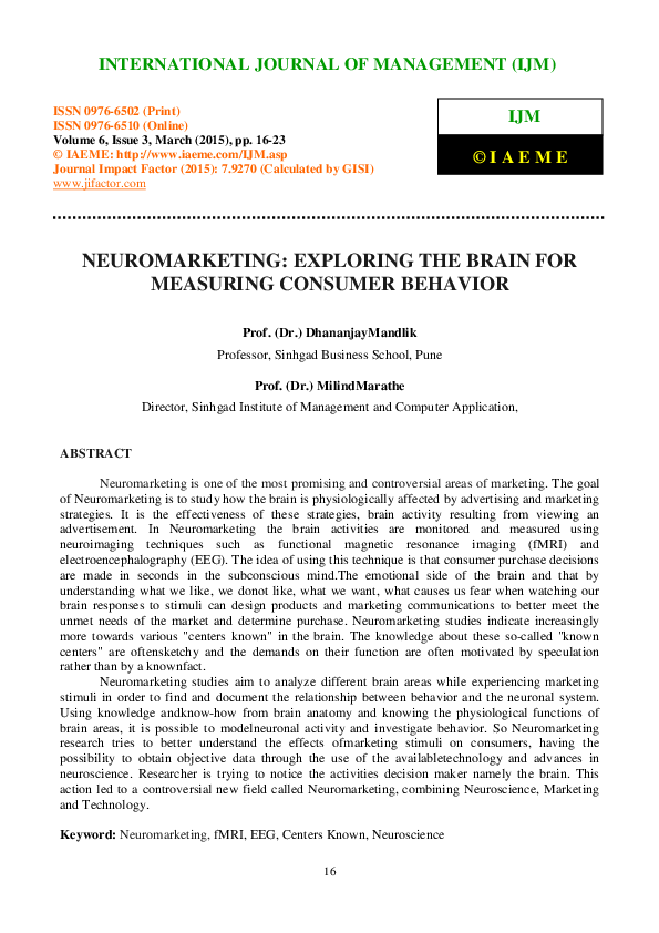 (PDF) NEUROMARKETING: EXPLORING THE BRAIN FOR MEASURING CONSUMER BEHAVIOR