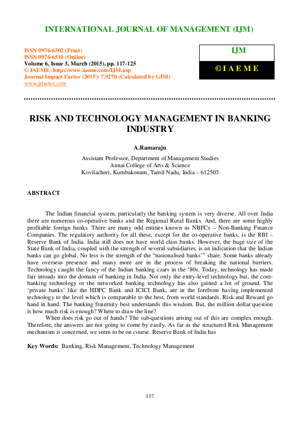 (PDF) RISK AND TECHNOLOGY MANAGEMENT IN BANKING INDUSTRY