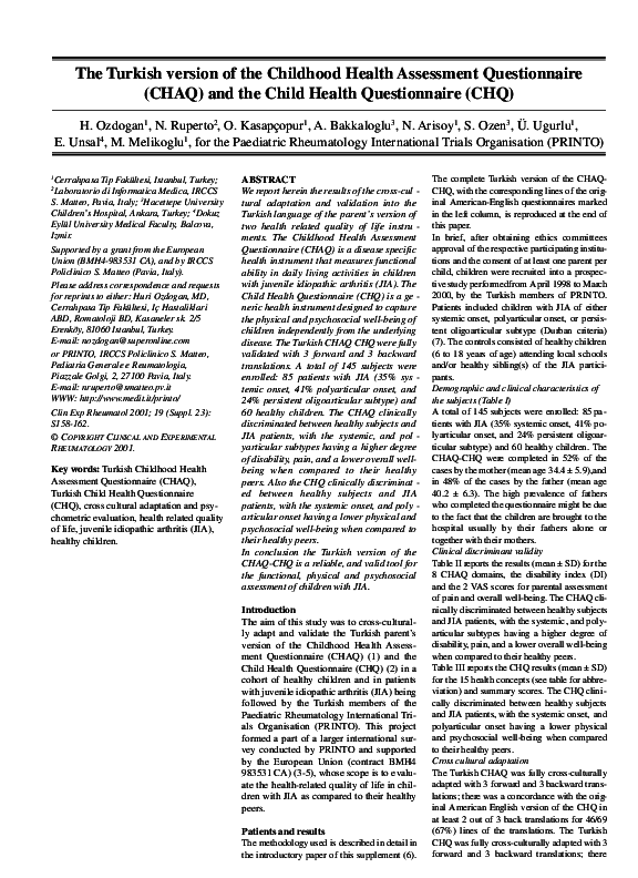 (PDF) The Turkish version of the Childhood Health Assessment ...