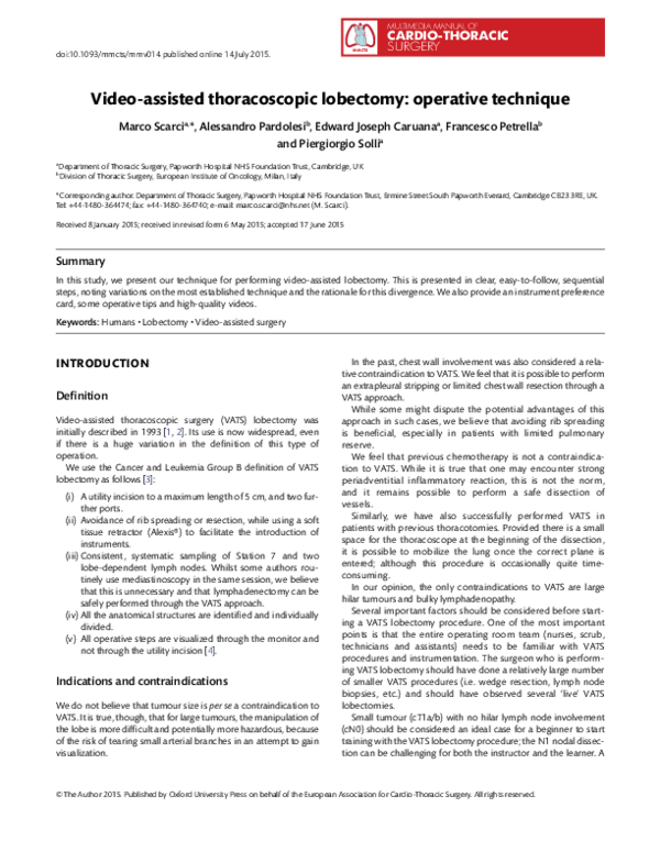 (PDF) Video-assisted thoracoscopic lobectomy: operative technique