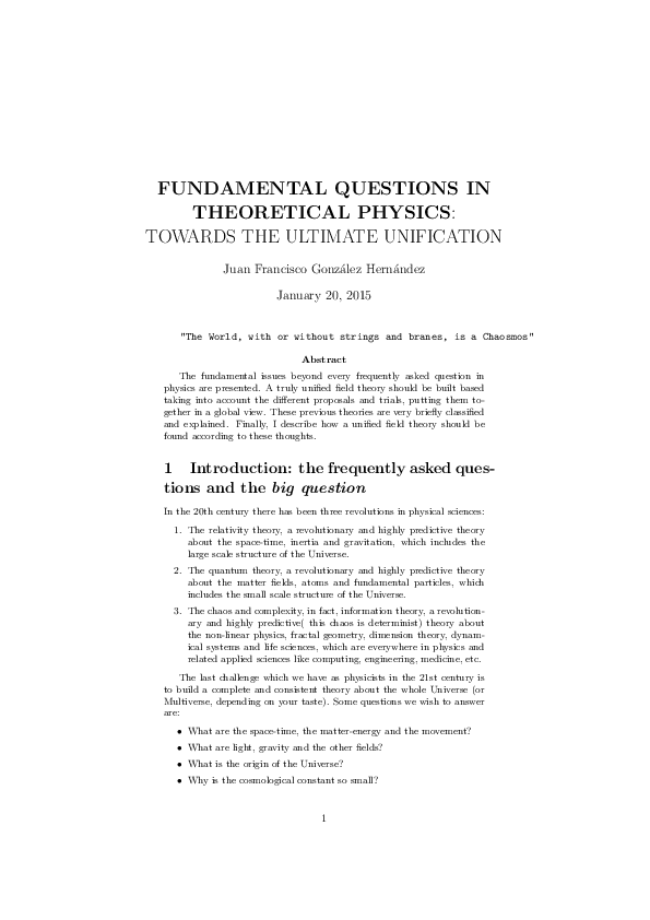 (PDF) FUNDAMENTAL QUESTIONS IN THEORETICAL PHYSICS: TOWARDS THE ...