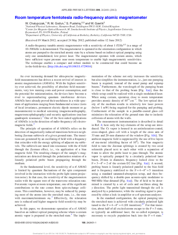 (PDF) Room temperature femtotesla radio-frequency atomic magnetometer