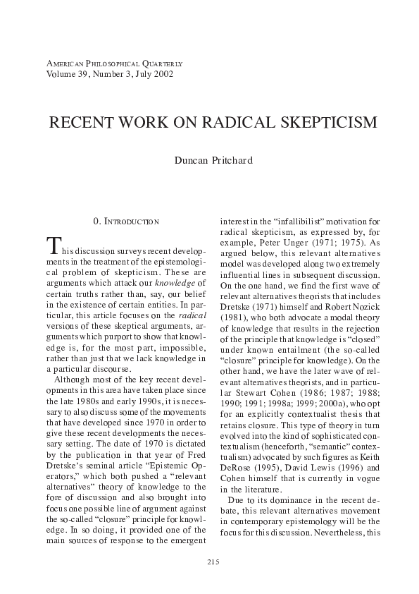 (PDF) Recent Work on Radical Scepticism