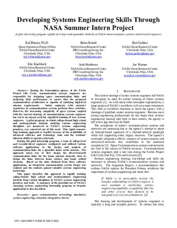 (PDF) Developing systems engineering skills through NASA summer intern ...