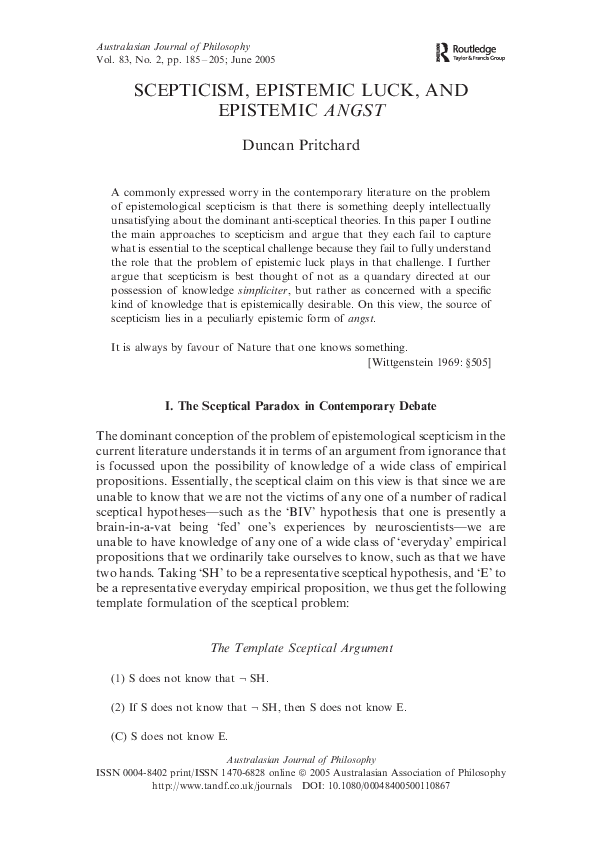 (PDF) Scepticism, Epistemic Luck, and Epistemic Angst