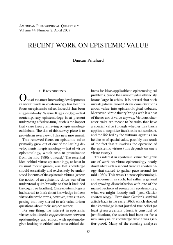 (PDF) Recent Work on Epistemic Value