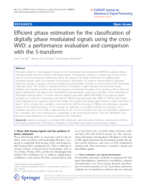Pdf Efficient Phase Estimation For The Classification Of Digitally Phase Modulated Signals