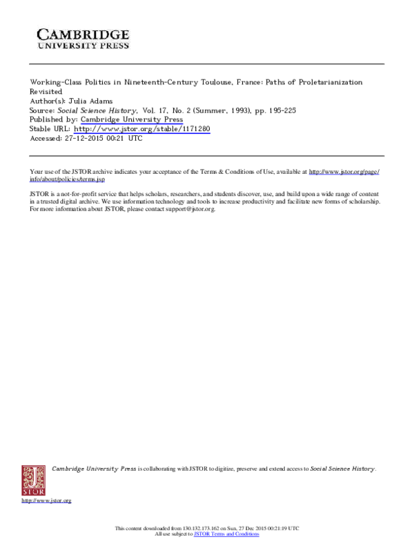 Working-Class Politics in Nineteenth-Century Toulouse, France: Paths of ...