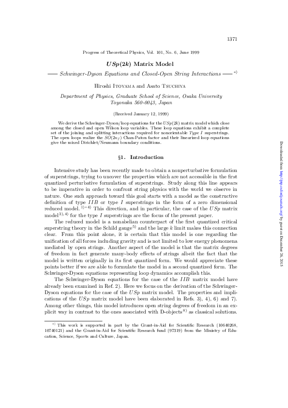 (PDF) USp(2k) Matrix Model: -- Schwinger-Dyson Equations and Closed ...