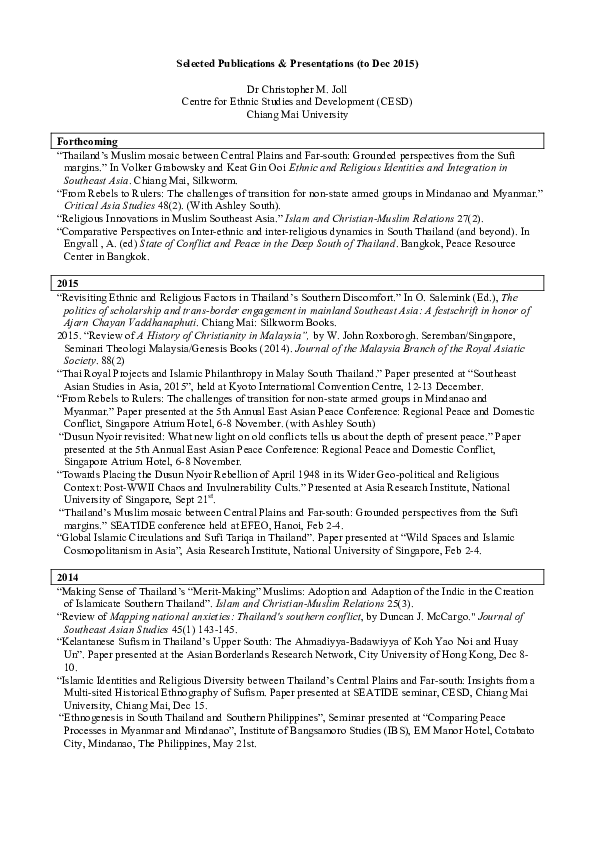 Selected Publications & Presentations (to December 2015)