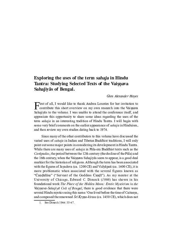 (PDF) Exploring the uses of the term Sahaja in Hindu Tantra: Studying ...