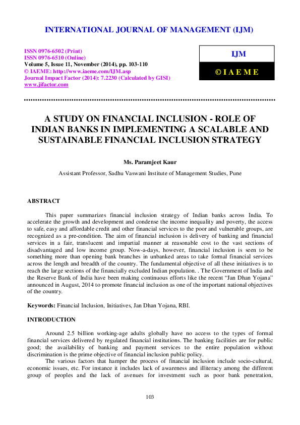 (PDF) A STUDY ON FINANCIAL INCLUSION - ROLE OF INDIAN BANKS IN ...