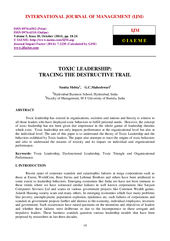 (PDF) TOXIC LEADERSHIP: TRACING THE DESTRUCTIVE TRAIL