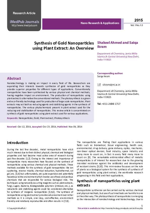 (PDF) Synthesis of Gold Nanoparticles using Plant Extract: An Overview