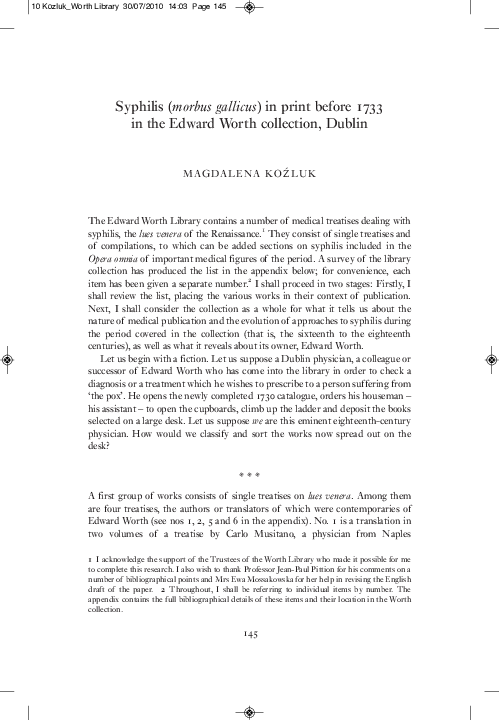 Syphilis (morbus gallicus) in print before 1733 in the Edward Worth ...