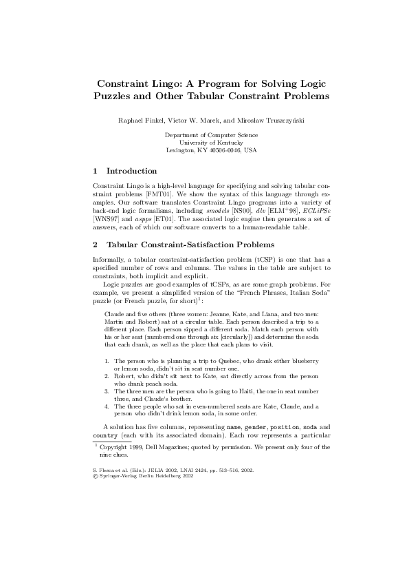 (PDF) Constraint Lingo: A Program for Solving Logic Puzzles and Other Tabular Constraint Problems