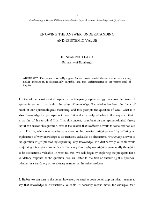 (PDF) Knowing the Answer, Understanding, and Epistemic Value