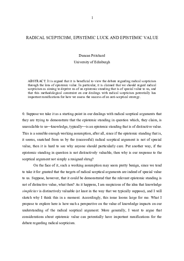 (PDF) Radical Scepticism, Epistemic Luck and Epistemic Value