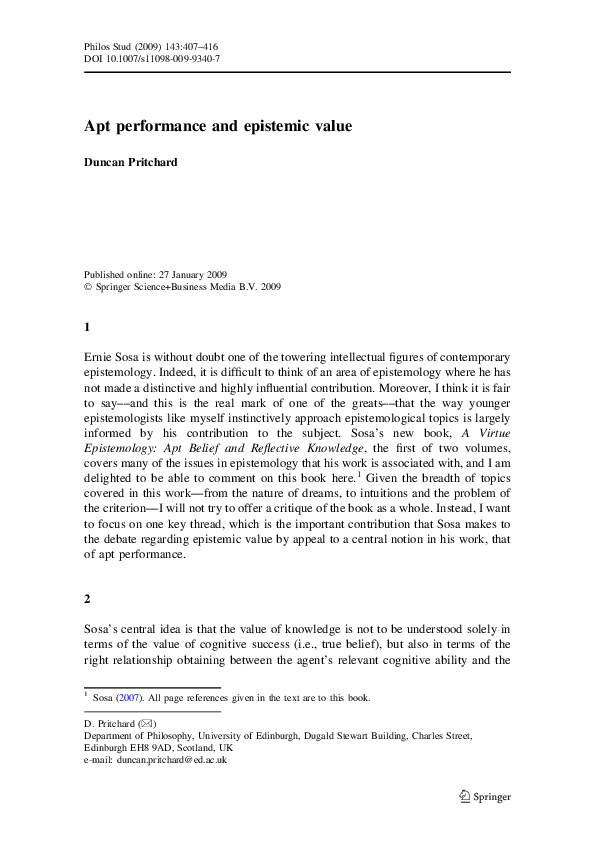 (PDF) Apt Performance and Epistemic Value