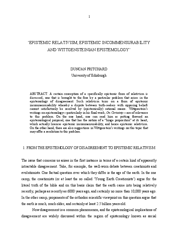 (PDF) Epistemic Relativism, Epistemic Incommensurability and ...
