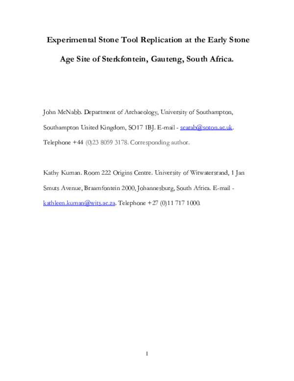 Pdf Experimental Stone Tool Replication At The Early Stone Age Site Of Sterkfontein Gauteng